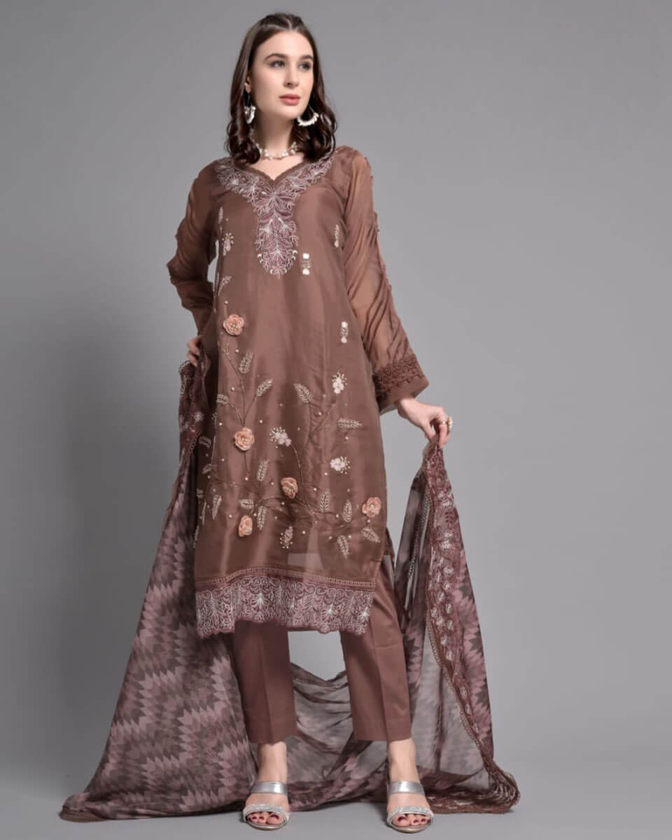 Brown Color Party Wear Readymade Pakistani Salwar Suits with Pant & Du ...