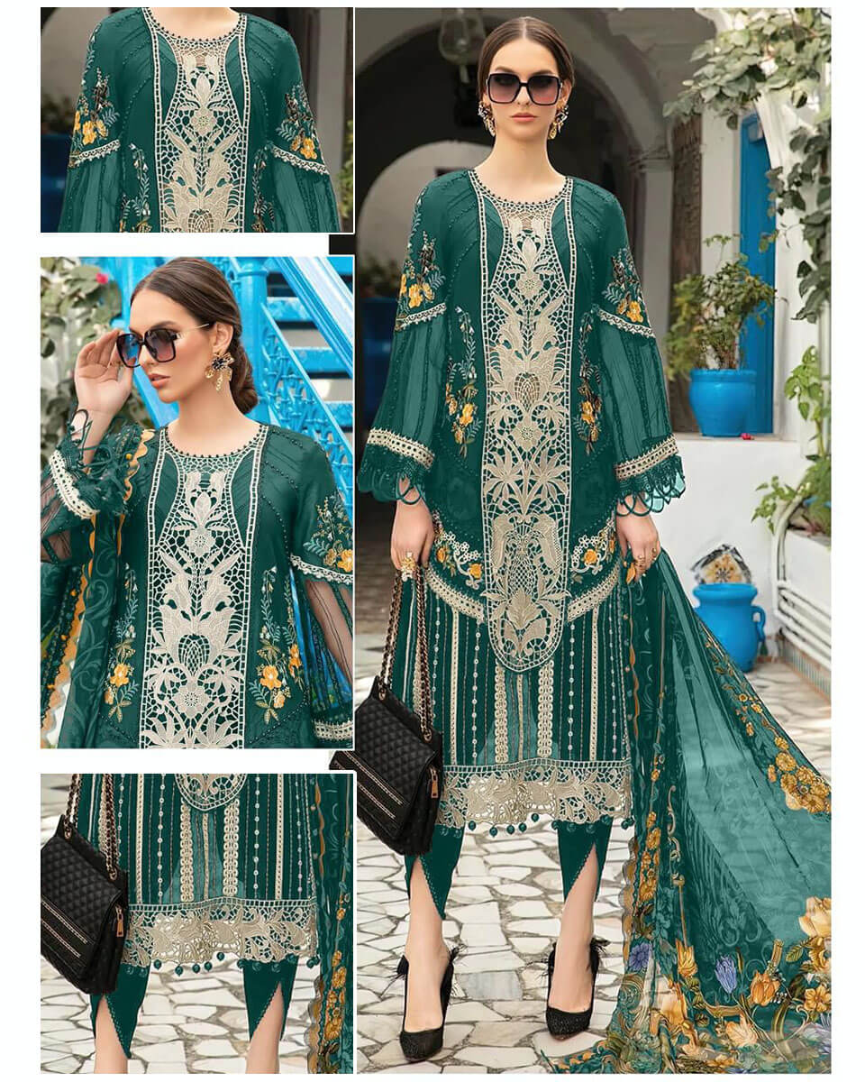 Dark Green Color Unstitched Pure Cotton Embroidery Work Lawn Pakistani ...