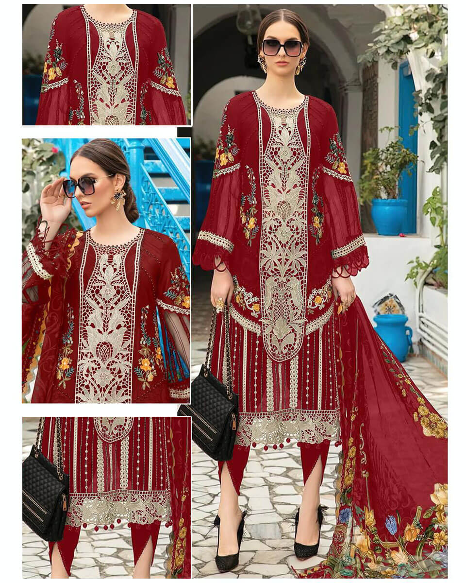 Deep Maroon Color Unstitched Pure Cotton Embroidery Work Lawn Pakistan ...