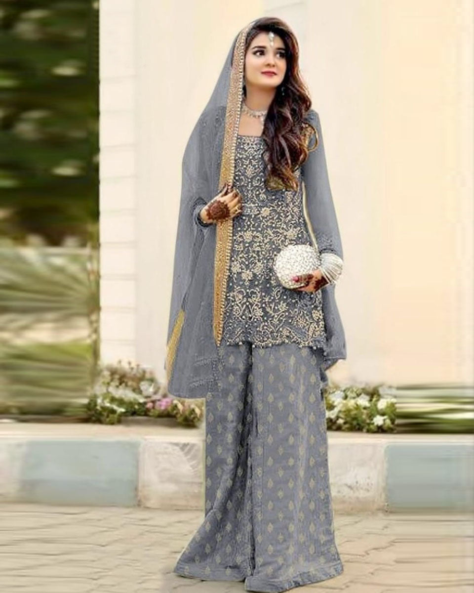 Dark Gray Colored NETTED Unstitched Pakistani Salwar Kameez Suits ...